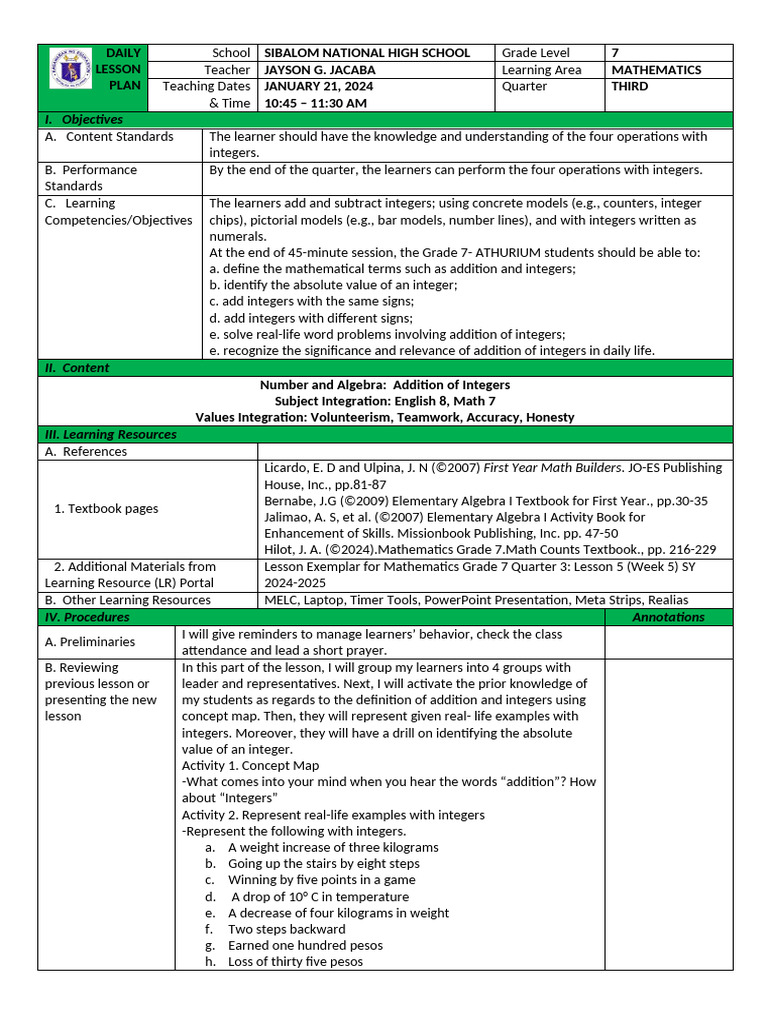 Third Quarter Co 2024-2025 G7 Addition of Integers | PDF | Mathematics ...