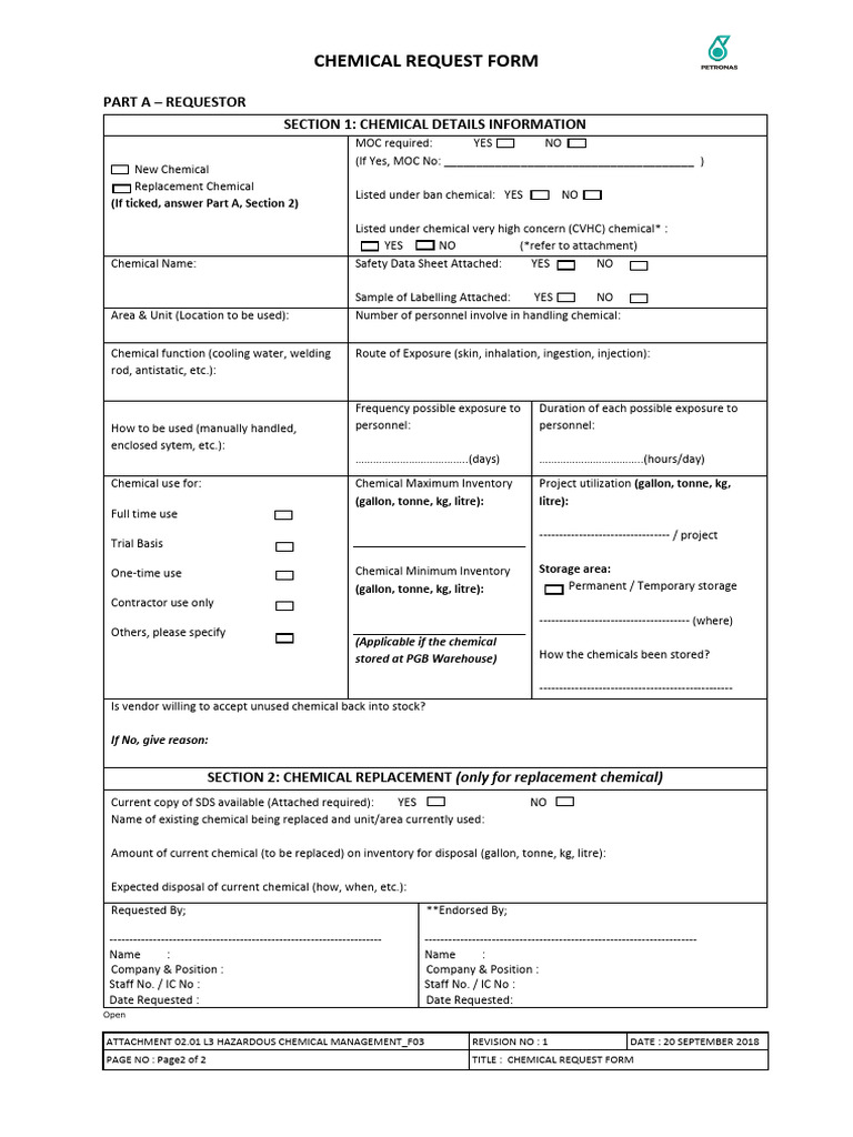 Sample Chemical Request Form | PDF | Personal Protective Equipment | Occupational Safety And Health