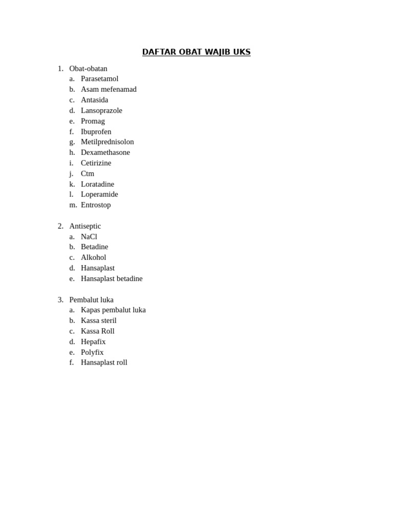 Daftar Obat Wajib UKS | PDF