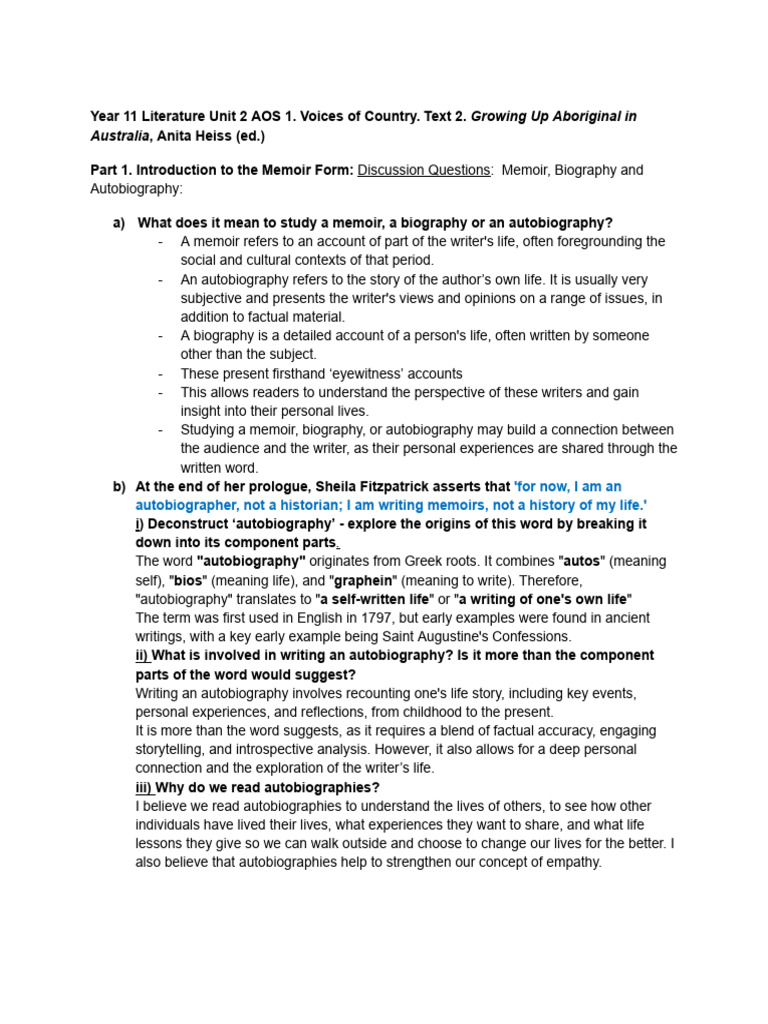Abigail Kennedy - Lit Unit 2 AOS 1 Introduction To The Memoir Form ...