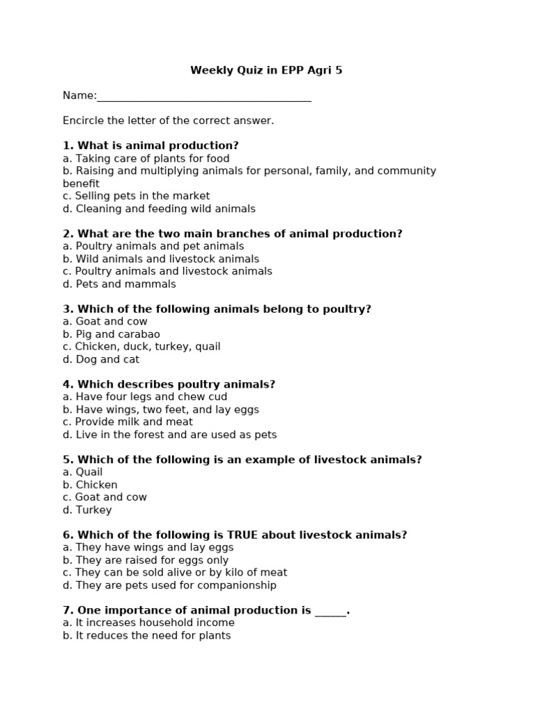 Weekly Quiz on Animal Production | PDF