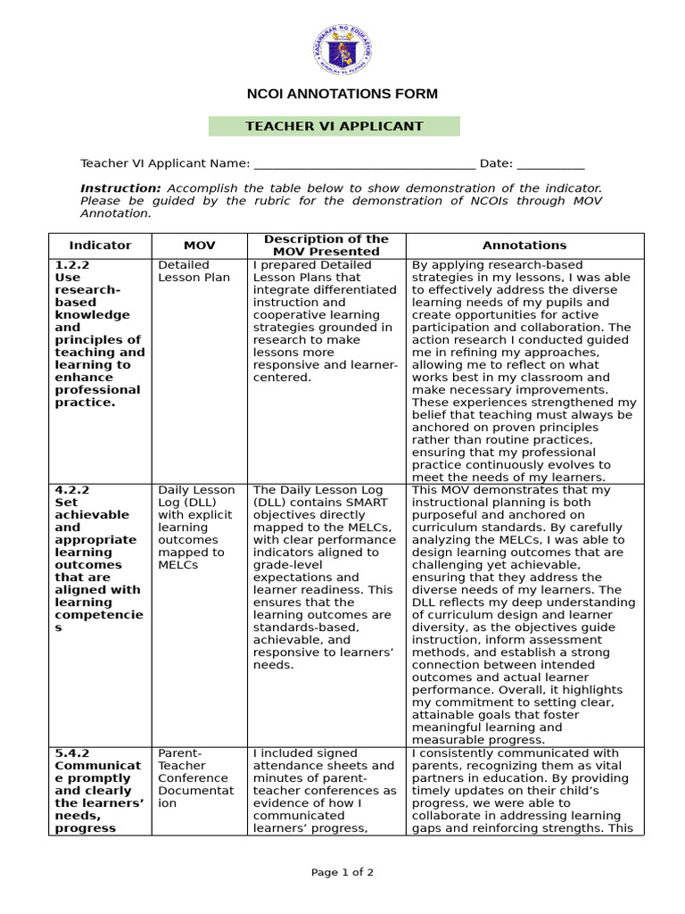 NCOI Annotations Form for Teacher VI Applicant. | PDF | Learning ...