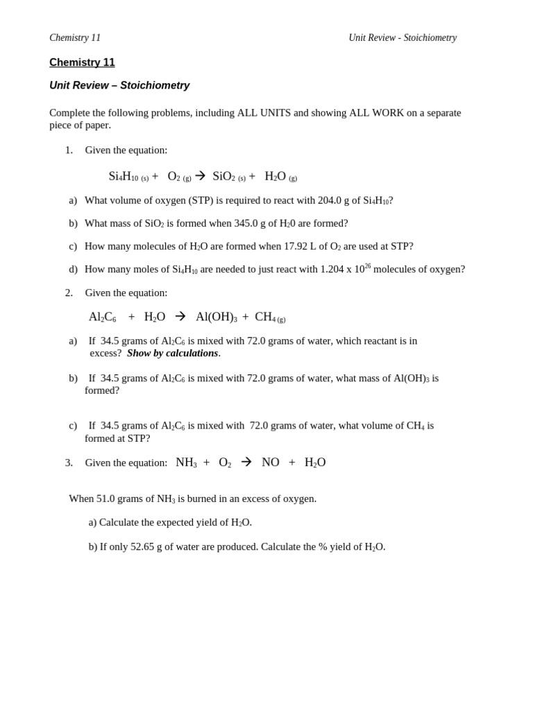 Stoichiometry Unit Review Problems | PDF
