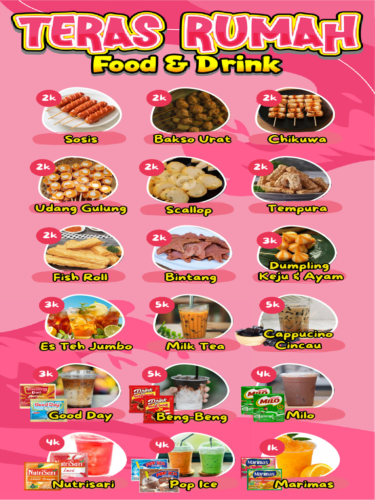 Merah Muda Pink Illustratif Modern Daftar Menu Jajanan (10 x 20 Cm) | PDF