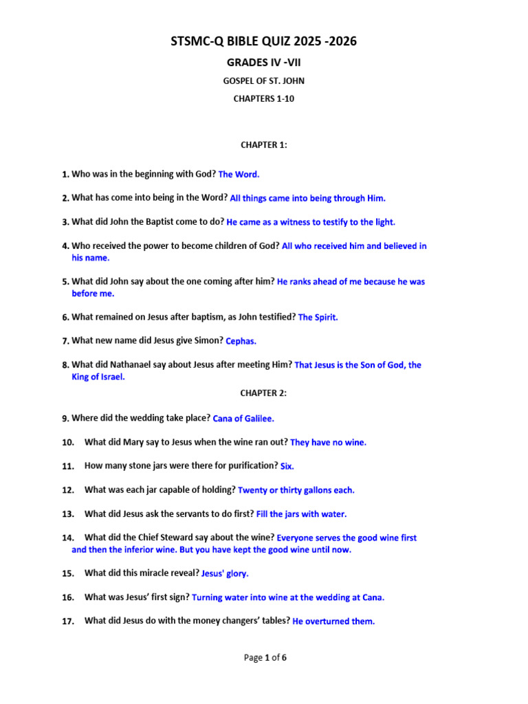 STSMC-Q Bible Quiz: John Chapters 1-10 | PDF | Jesus | Gospel Of John