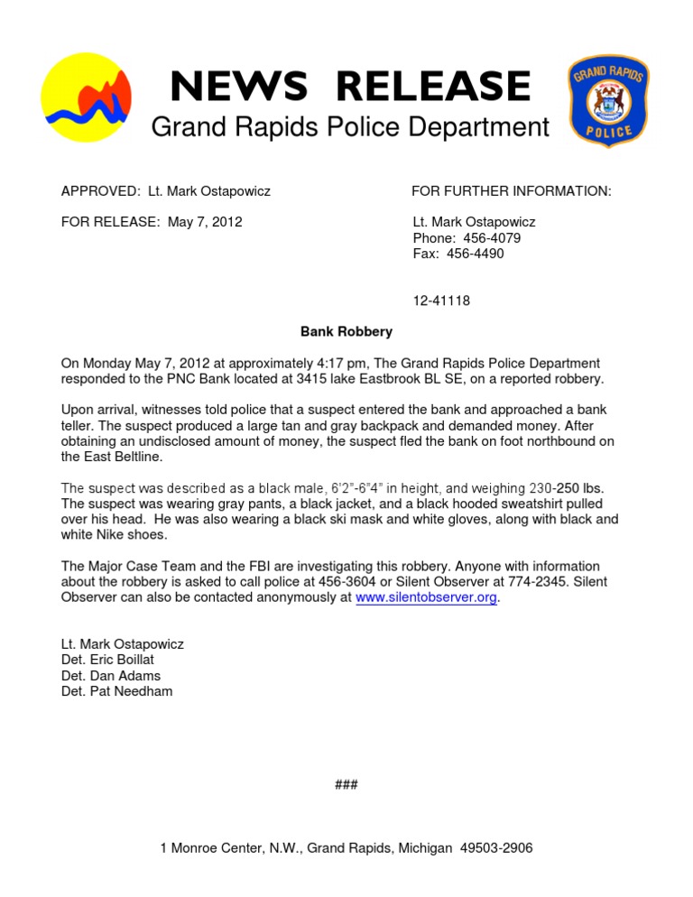 Grand Rapids Bank Robbery Report | PDF