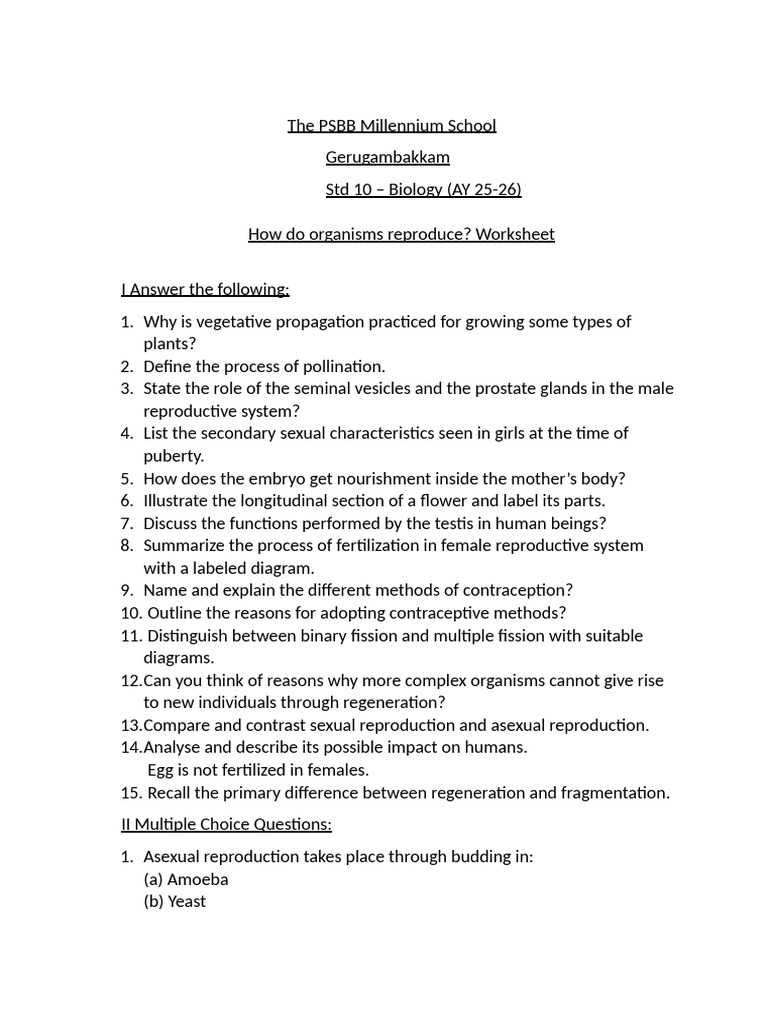 Biology Worksheet on Organism Reproduction | PDF | Flowers | Sexual ...