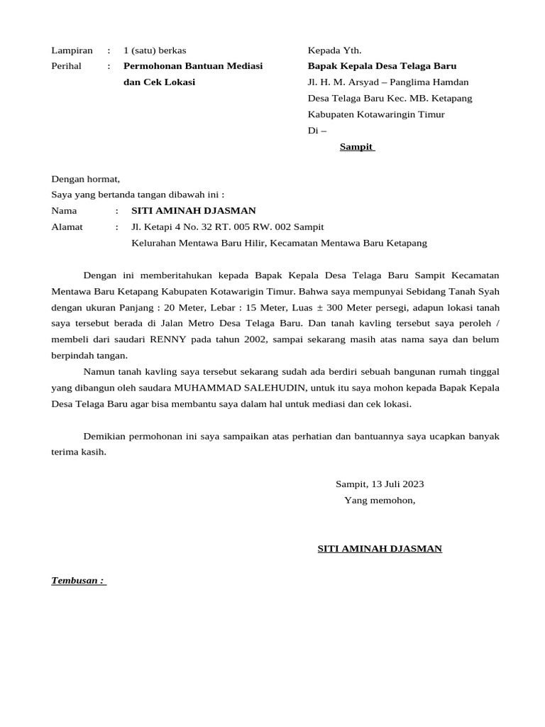 Permohonan Mediasi Tanah di Telaga Baru | PDF