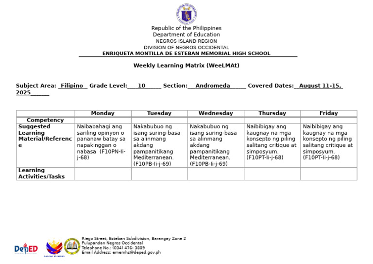 Weekly Learning Matrix Template | PDF