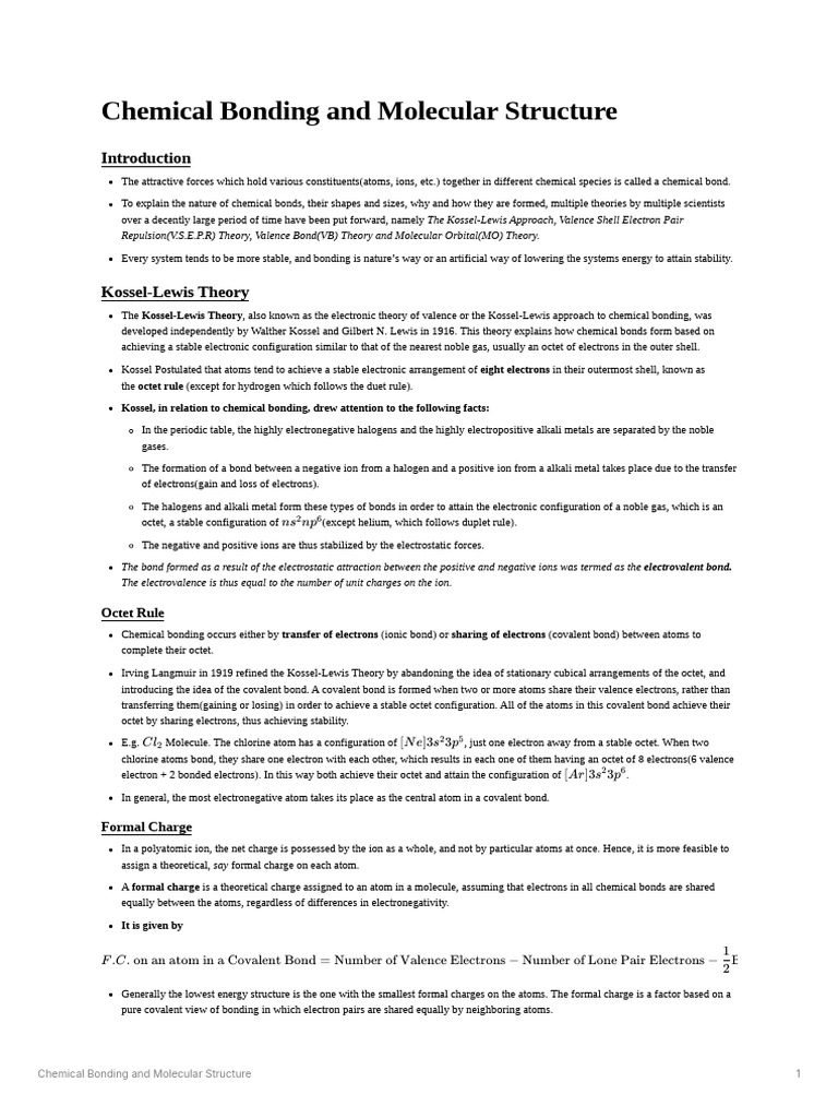 Chemistry Chemical Bonding and Molecular Structure Notes | PDF ...
