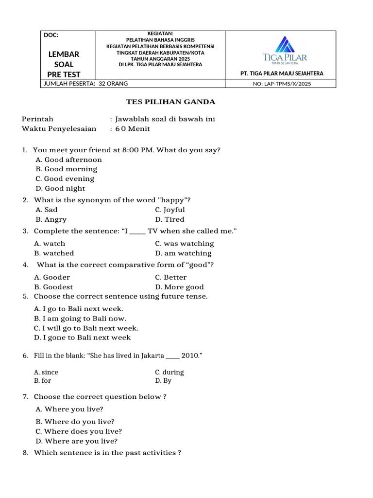 Tes Pilihan Ganda Bahasa Inggris | PDF