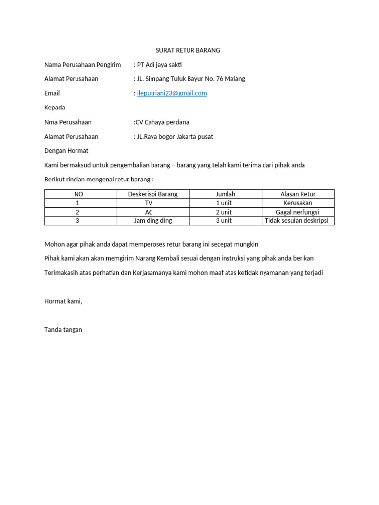 Surat Retur Barang PT Adi Jaya Sakti | PDF