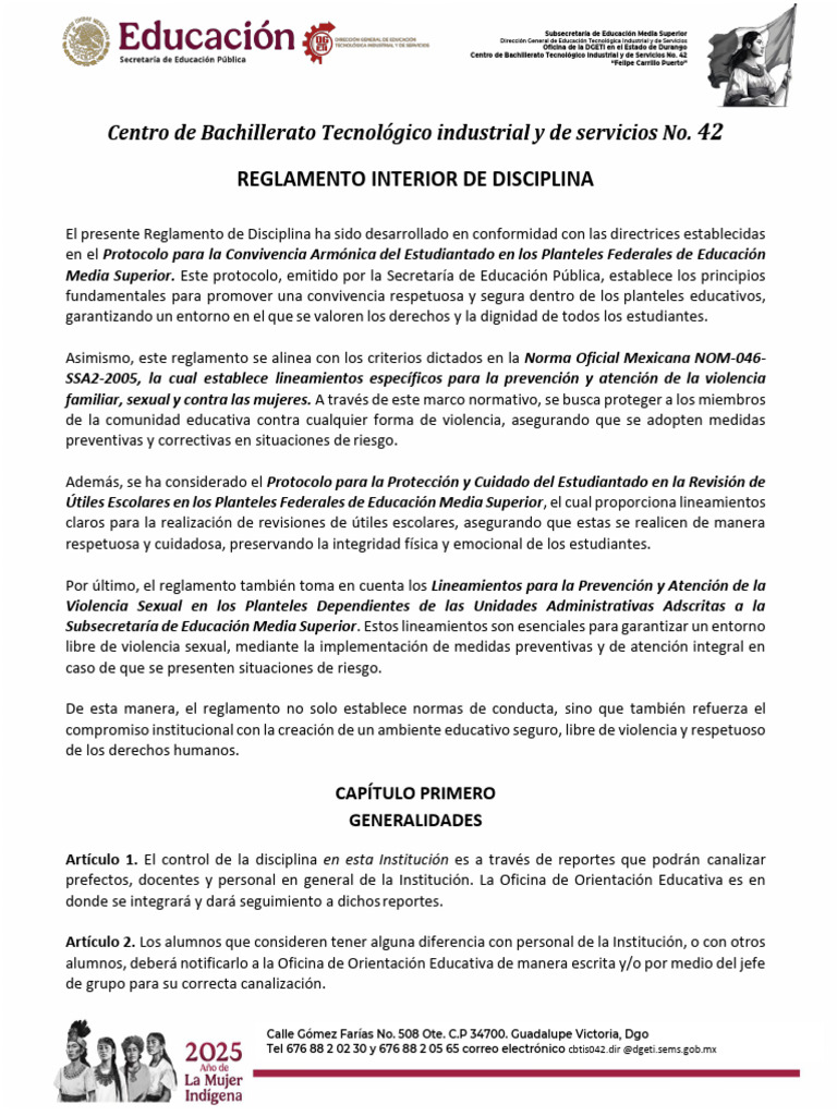 Cbtis 42 Reglamento Disciplina Alumnos | PDF | Salón de clases | Violencia