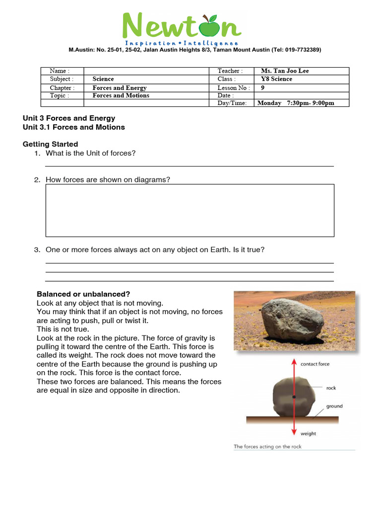 9.Y8 Science Unit 3 Forces and Energy 3.1 Forces Balanced and Unbalnced ...
