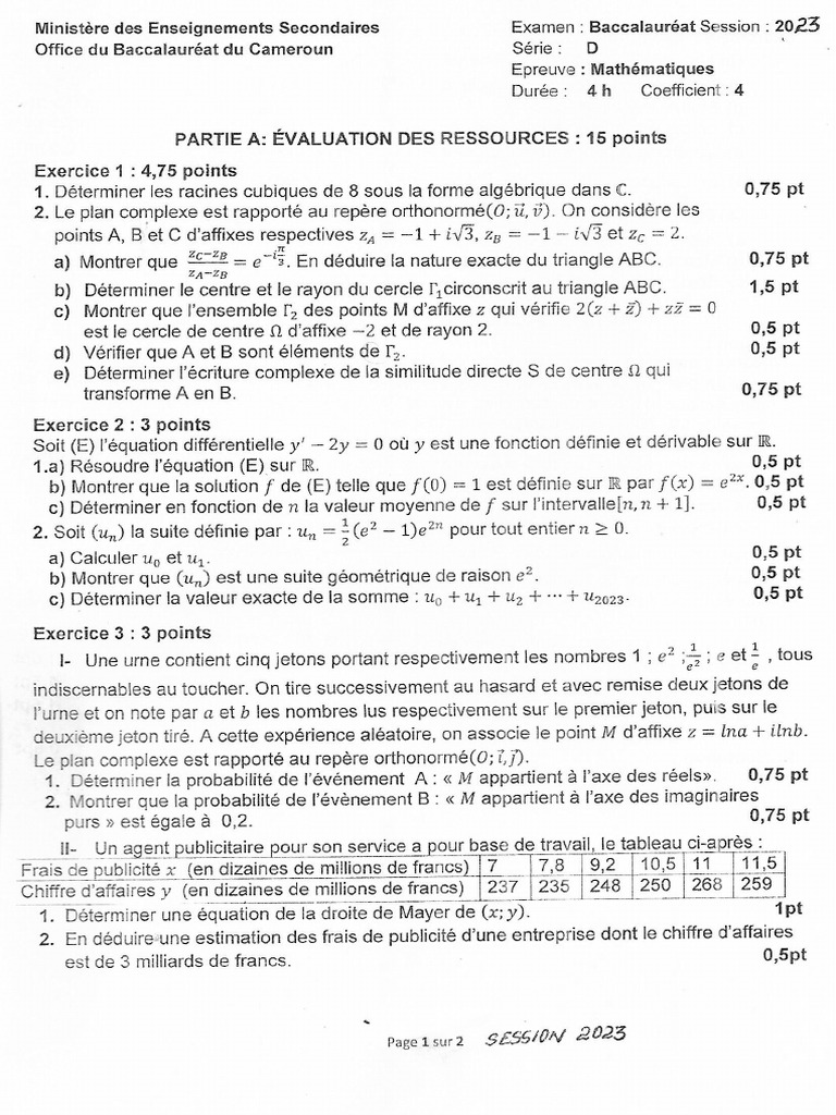 Bac D 2023 Mathématiques | PDF