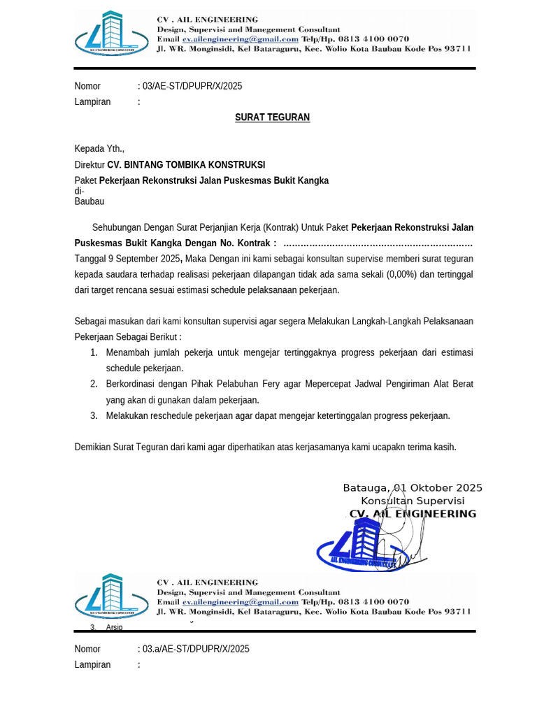 Surat Teguran Kontraktor Pekerjaan Jalan | PDF