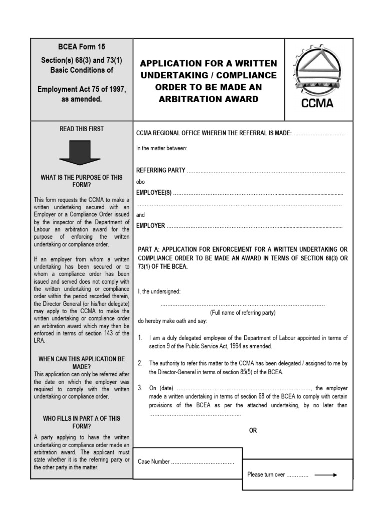 BCEA 15 Application For Written Undertaking Compliance Order To Be Made ...