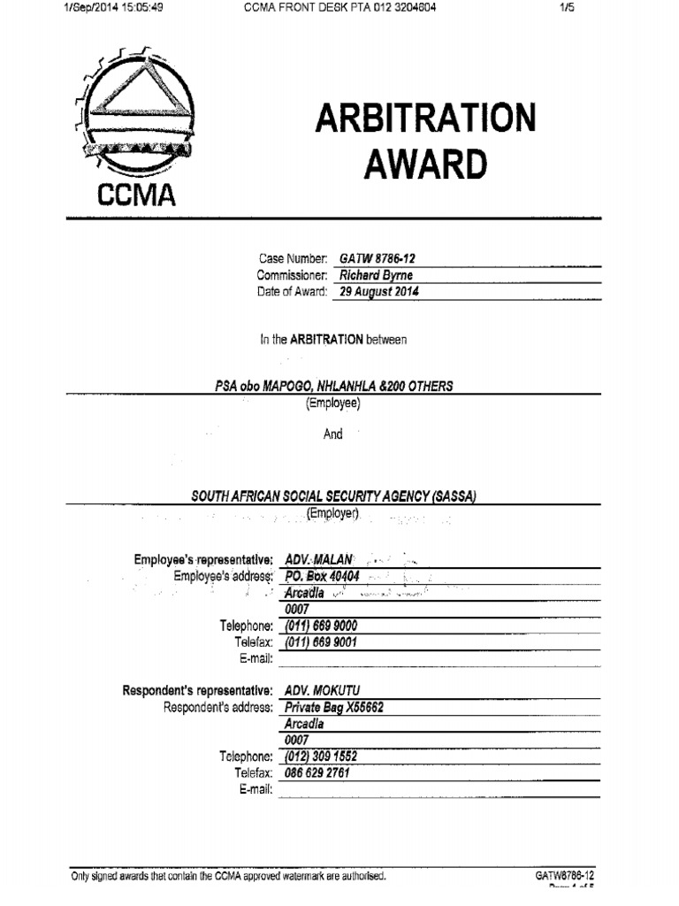 Ccma Award Sassa Ulp Dispute | PDF