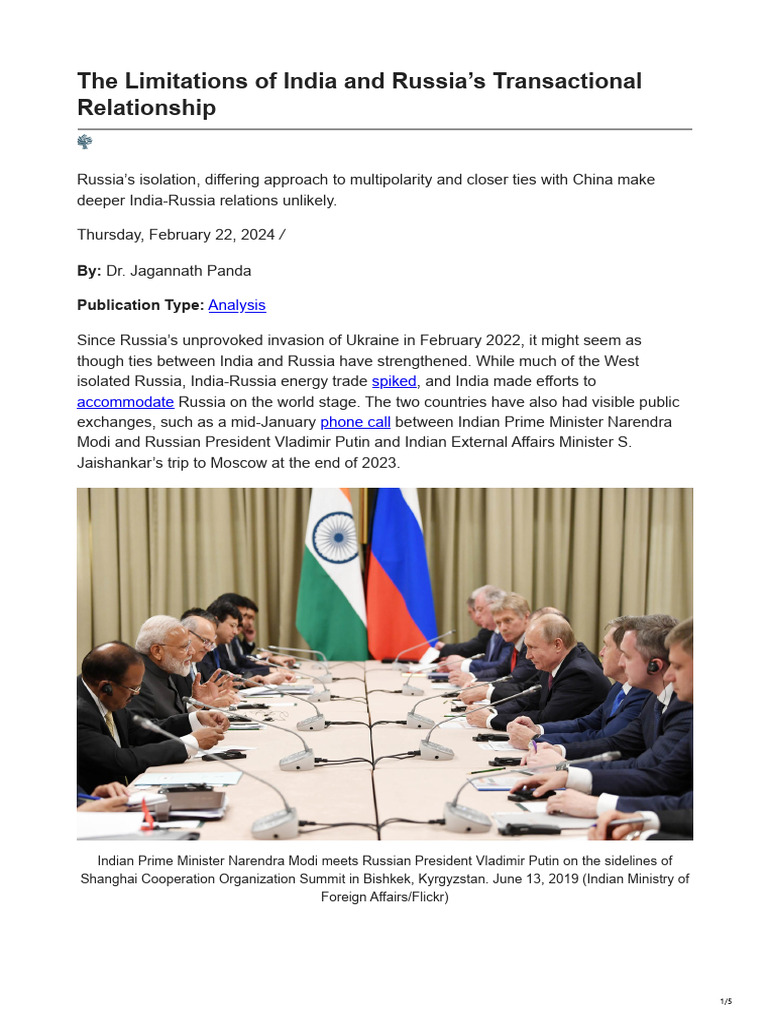 The Limitations of India and Russia's Transactional Relationship | PDF ...