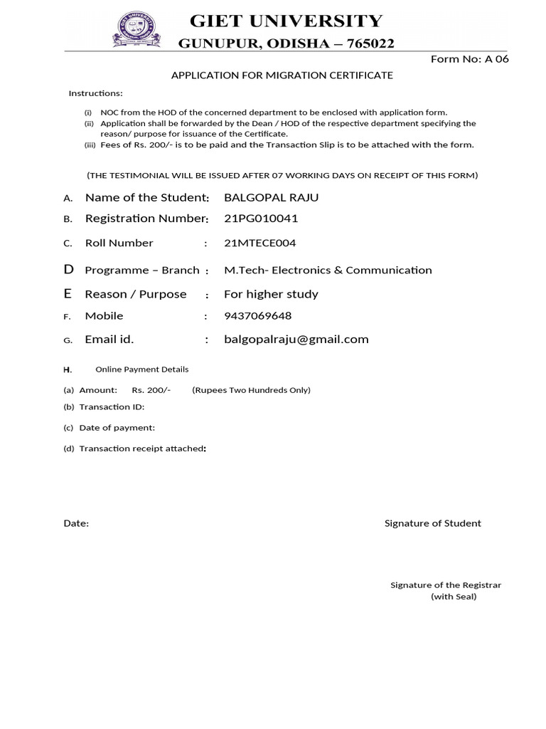 Migration Certificate Application Form | PDF