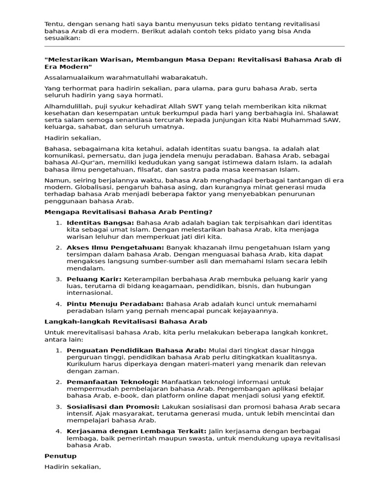 Pidato Bhs Arab Revitalisasi Bhs Arab | PDF