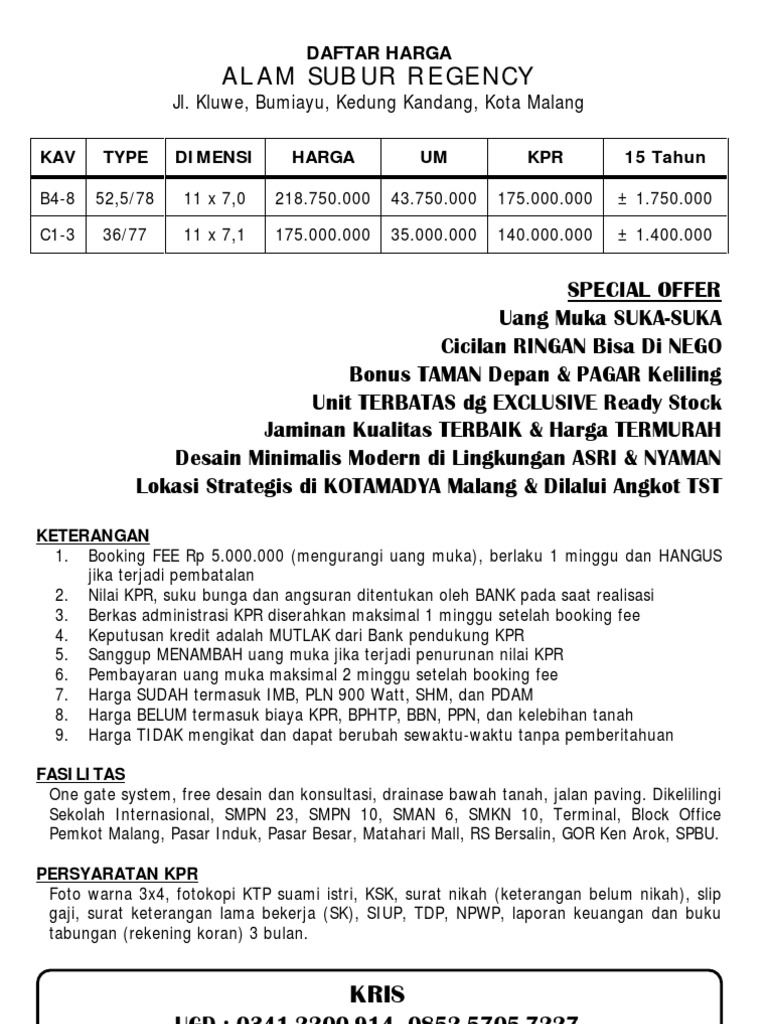 Alam Subur Regency, Beli Rumah MURAH Di Malang Kota TANPA UANG MUKA | PDF