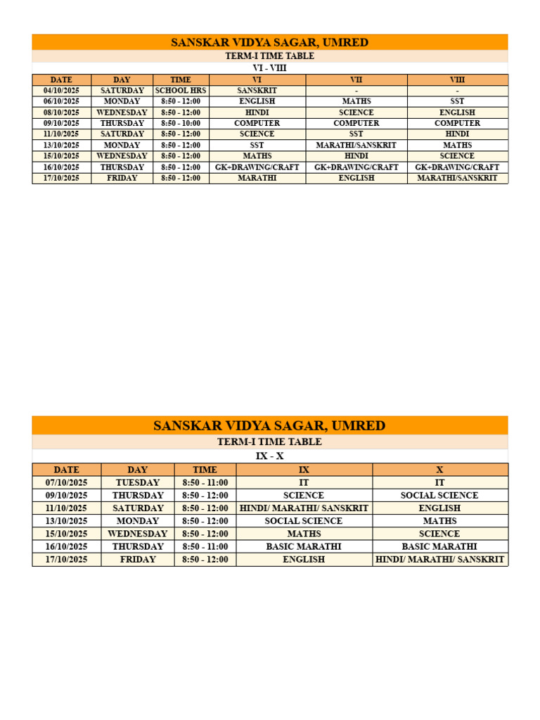 Umred Term-I Time Table VI-X | PDF