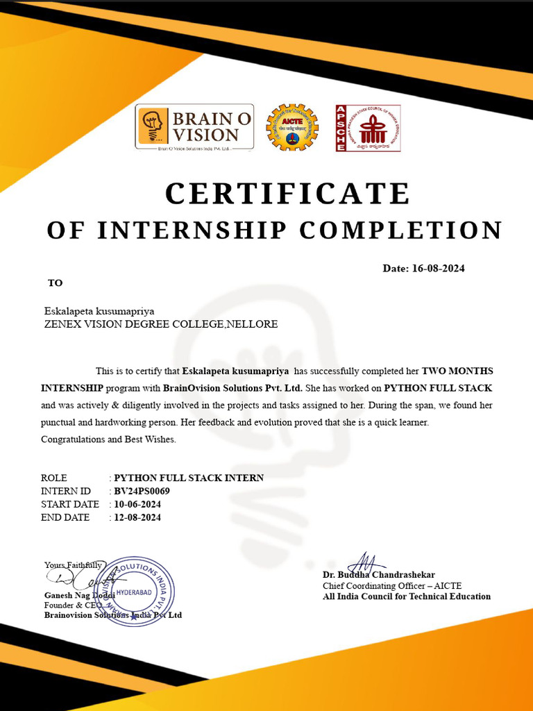 Python Full Stack Internship Certificate | PDF