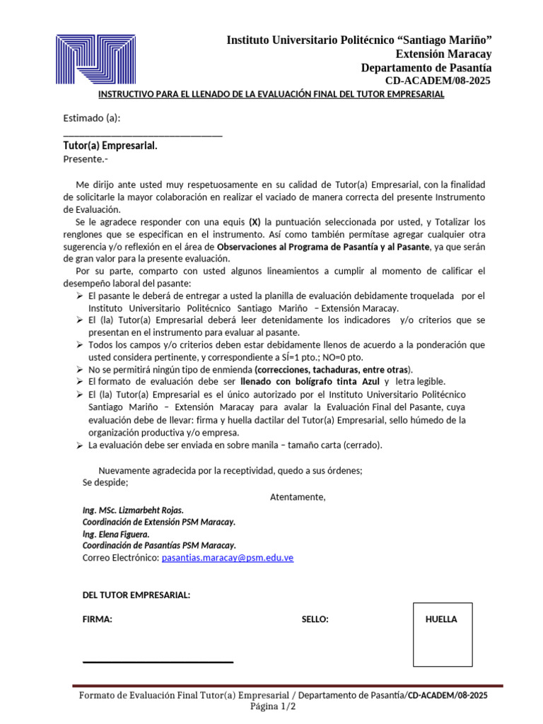 21-A-INSTRUCTIVO DE EVALUACIÓN TUTOR EMPRESARIAL 2025-2 | PDF