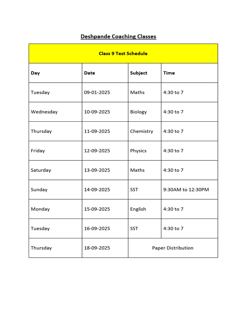 Class 9 Test Schedule 2025 | PDF
