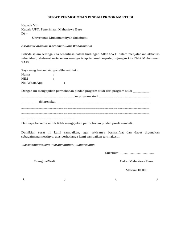 Surat Permohonan Pindah Prodi UMS | PDF