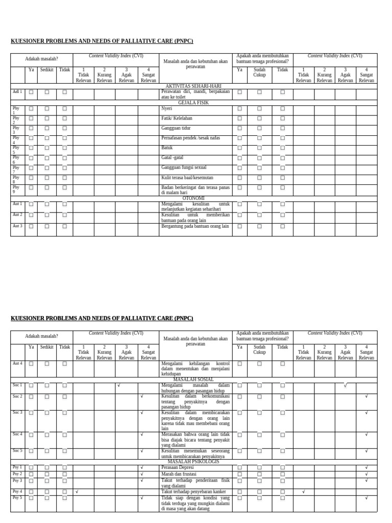 Form Uji Validitas Isi Instrument Problems and Needs of Palliative Care ...