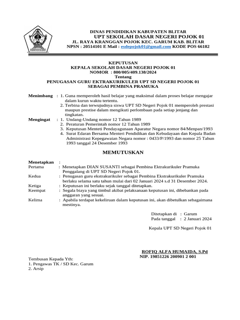 Penugasan Pembina Pramuka SD Pojok 01 | PDF