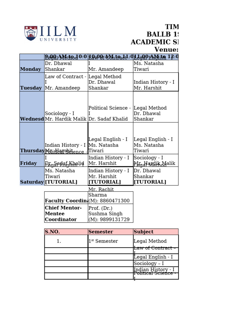 LLB 1st Semester Time Table 2025-2026 | PDF | Educational Stages