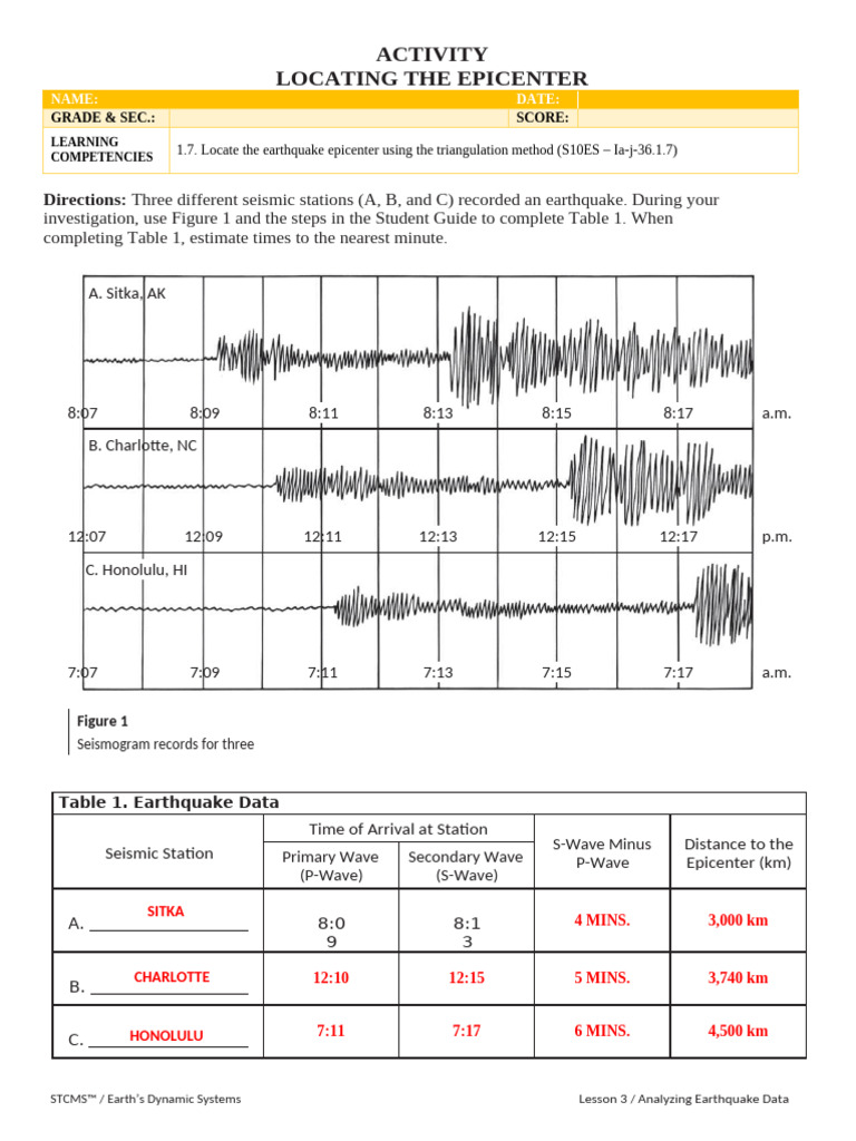 Activity Sheet - Locating The Epicenter | PDF | Earthquakes | Seismology