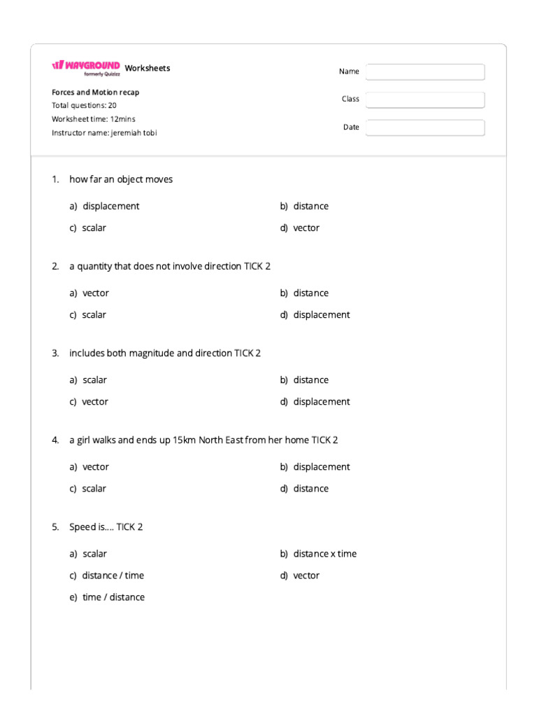 Forces and Motion Worksheet Quiz | PDF | Velocity | Acceleration