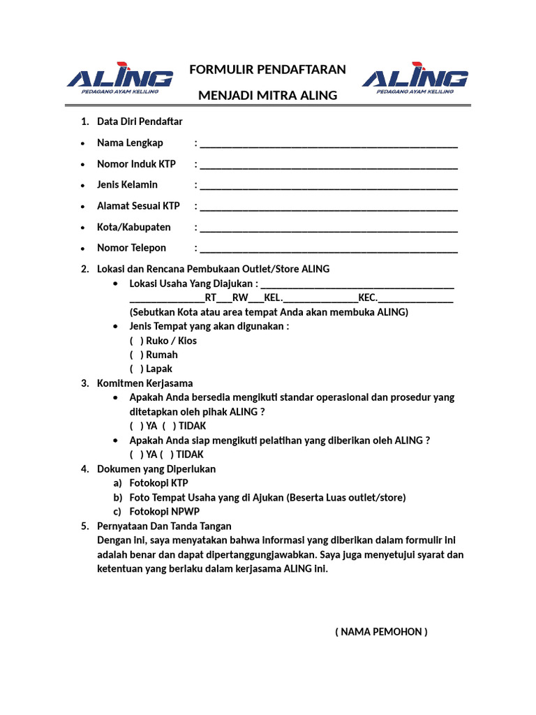 Formulir Pendaftaran Untuka Calon Mitra | PDF