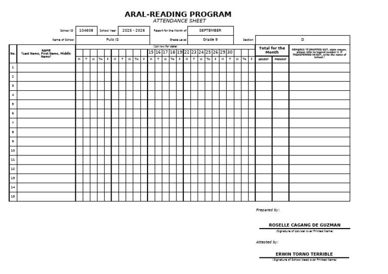 Aral Reading Program Attendance Sheet | PDF