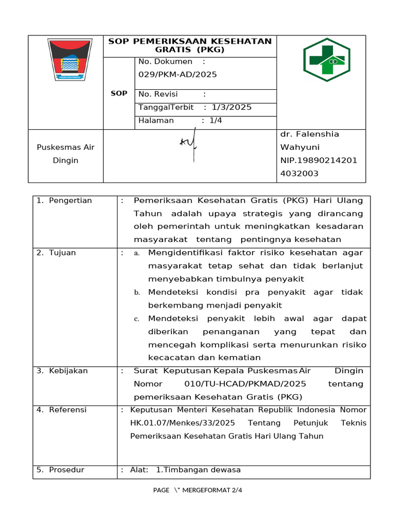SOP Pemeriksaan Kesehatan Gratis PKG | PDF