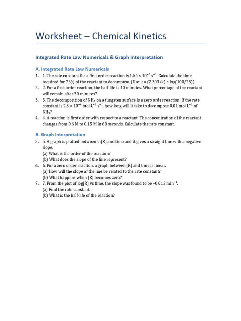 Chemical Kinetics Worksheet: Rate Laws & Graphs | PDF