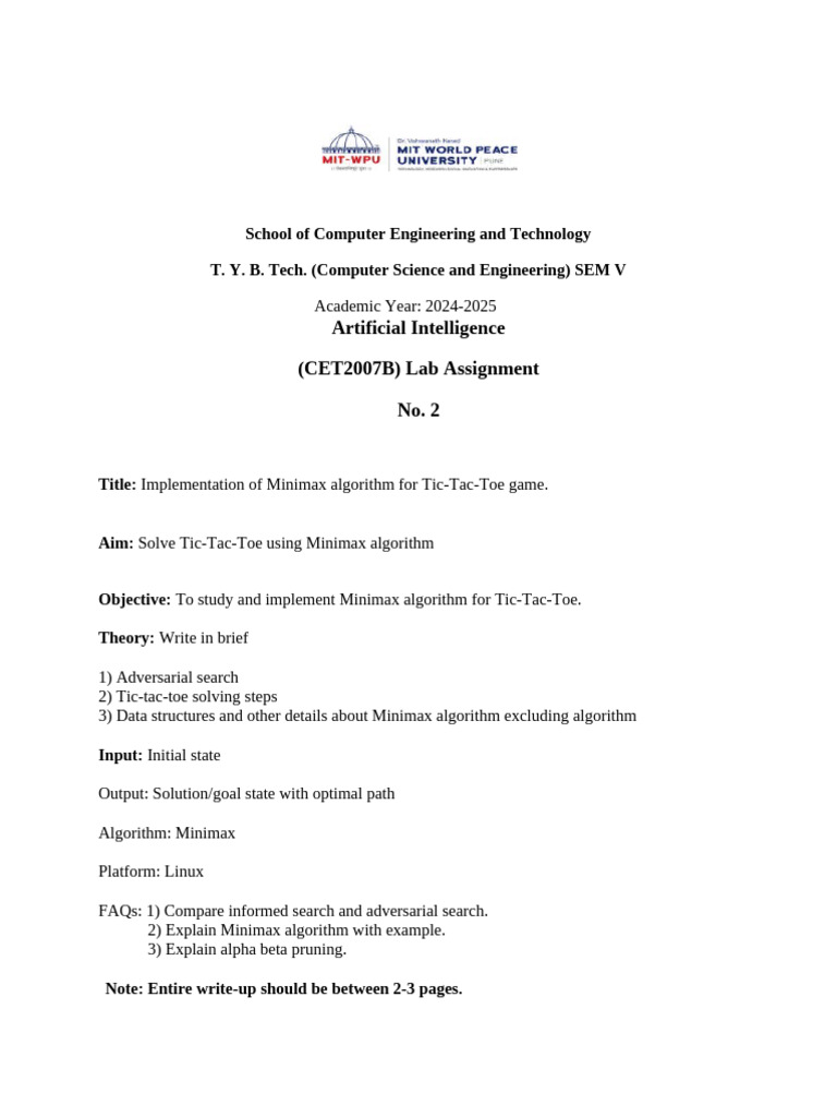 2 AIES Lab Assignment 2 - Tic - Tac - Toe - Minimax Algorithm Writeup | PDF