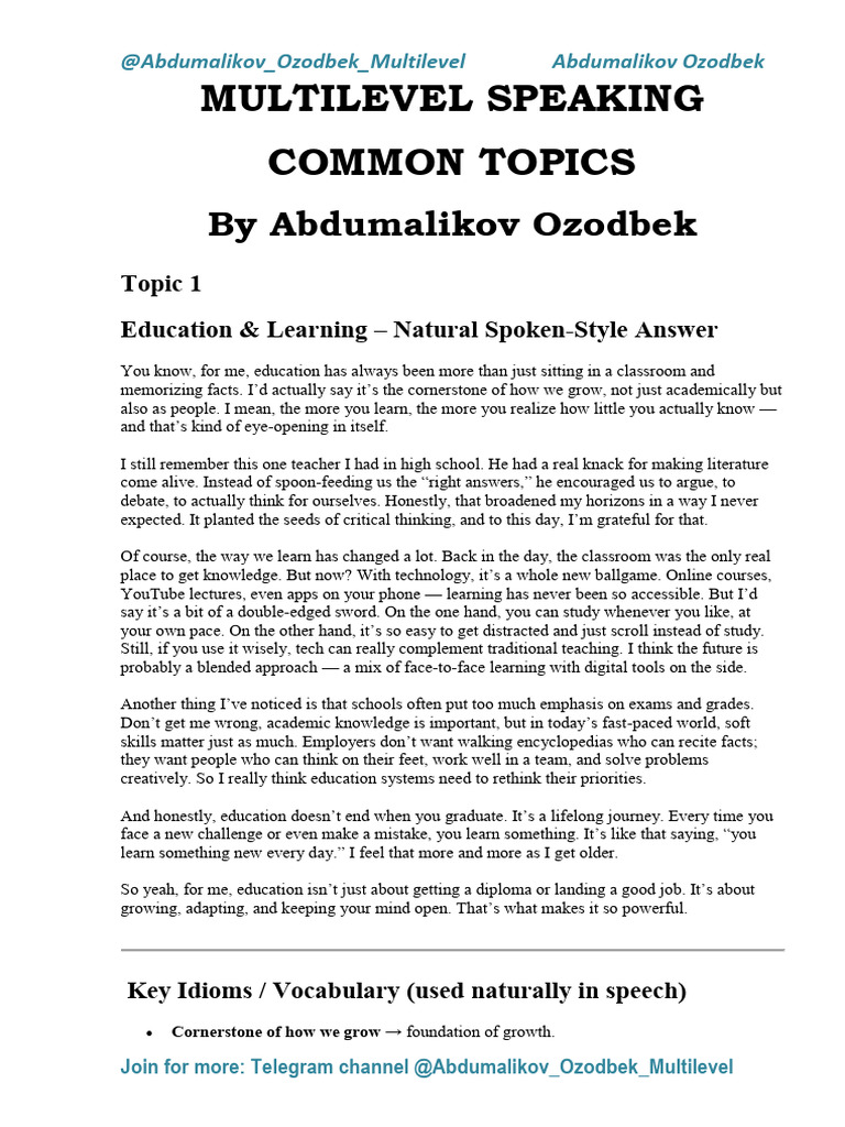 Multilevel Speaking on Education & Health | PDF | Classroom | Nature