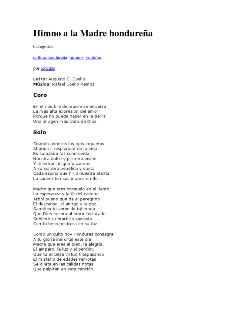 Himno A La Madre Hondureña Pdf Religión Y Creencia