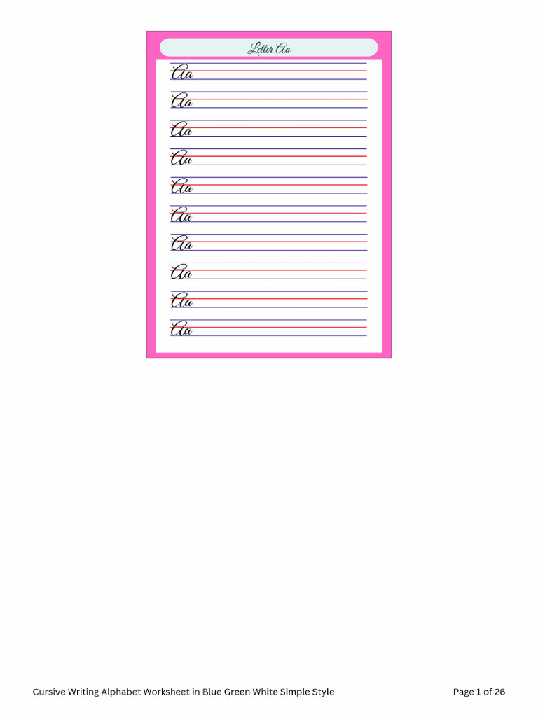 Cursive Writing Alphabet Worksheet in Blue Green White Simple Style ...
