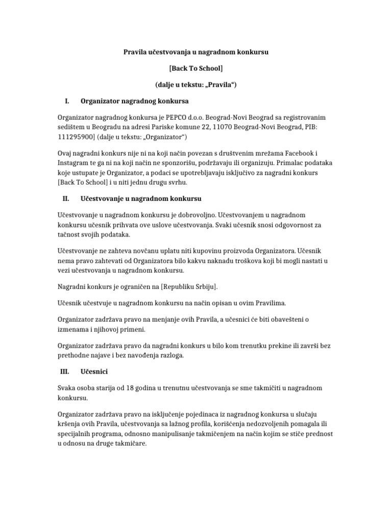 Pravila Ucestvovanja U Nagradnom Konkursu Facebook 1 | PDF