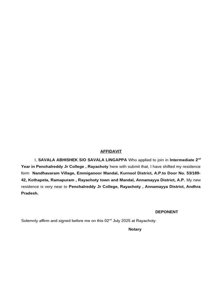 AFFIDAVIT For Penchal Reddy JR College | PDF