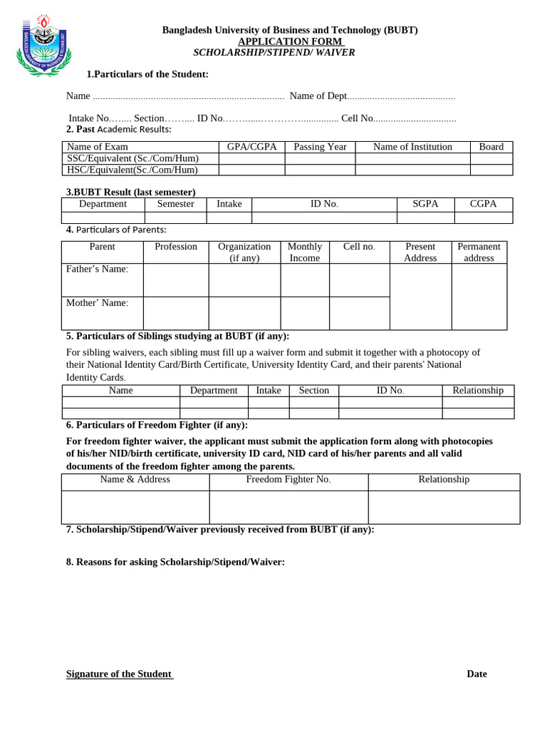 BUBT Scholarship Application Form | PDF