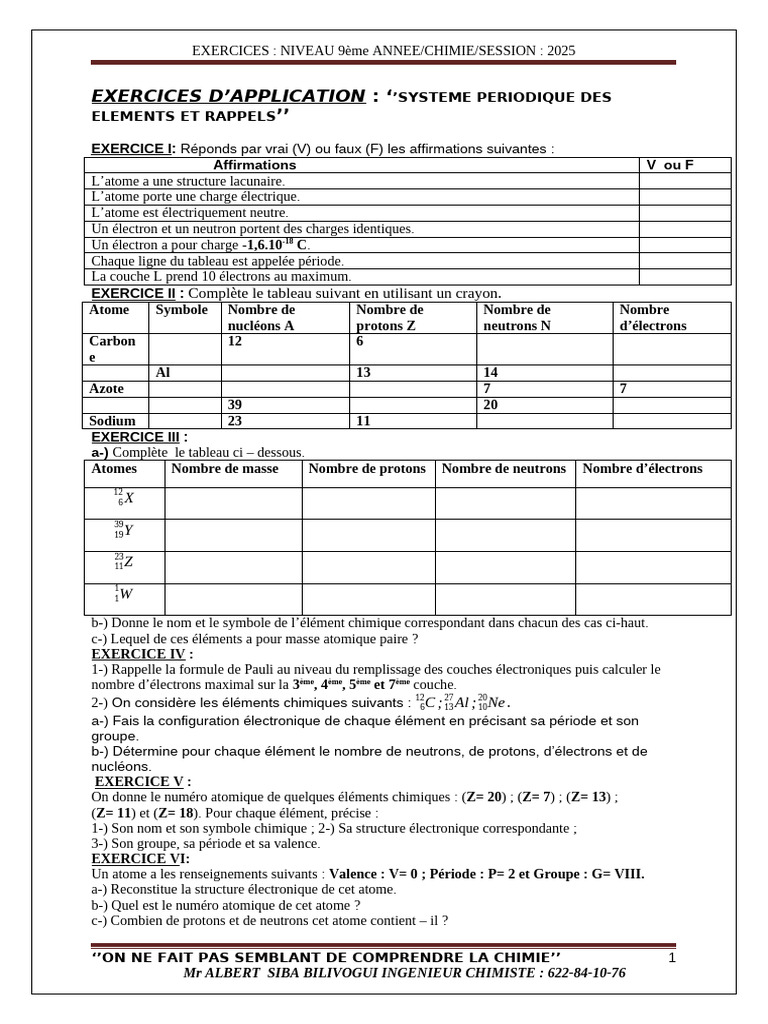 Exercices de Chimie pour 9ème Année | PDF | Éléments chimiques | Atomes