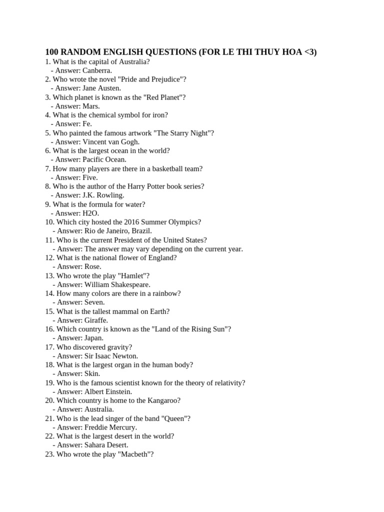 100 Random English Trivia Questions | PDF