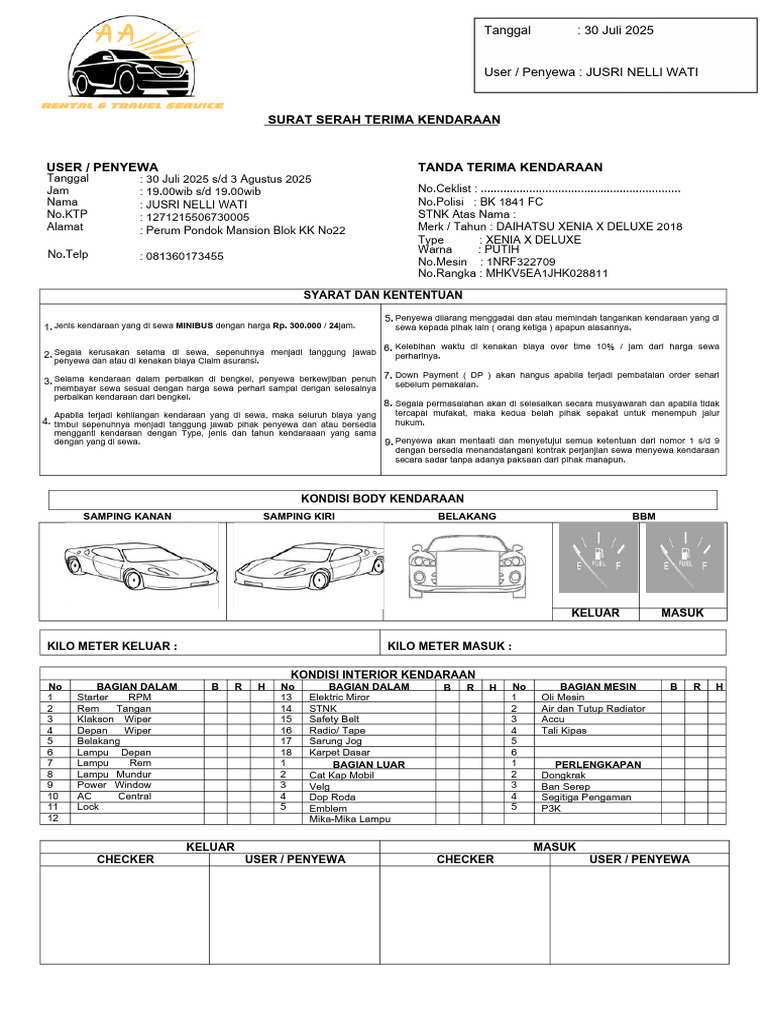 Form Serah Terima Kendaraan Sewa | PDF
